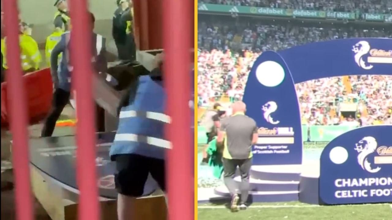 Fans spot Hearts stewards appearing to cover up title podium