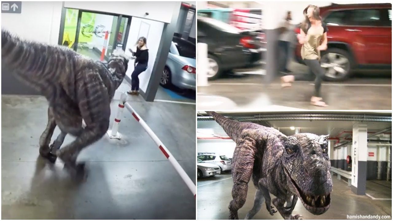 This 'dinosaur attack' prank in an office carpark is cruel, but pretty ...