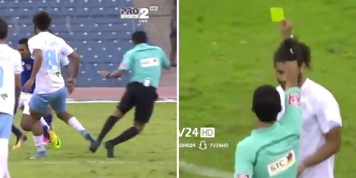 Incredibly clumsy referee runs into a player, falls over, then books ...