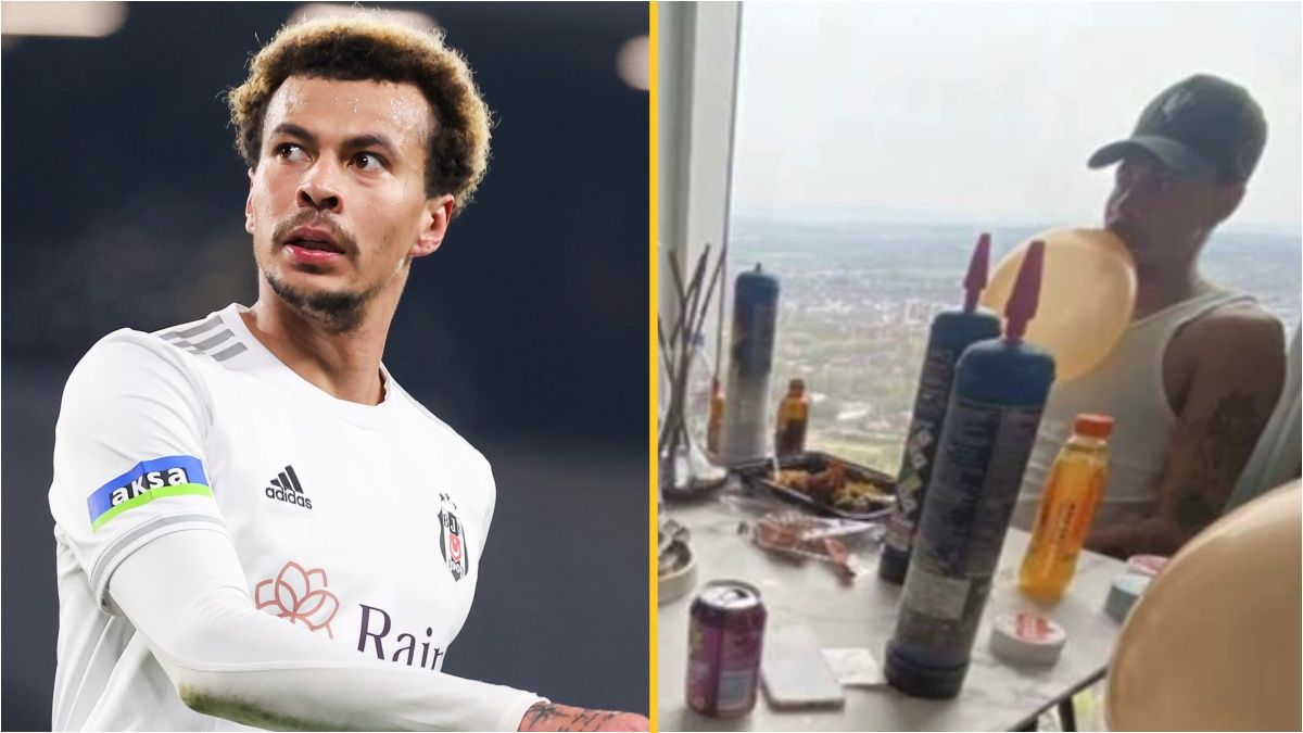 Dele Alli pictured surrounded by gas canisters with balloon in his mouth