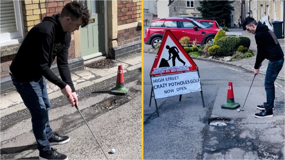 Teenager has so many potholes on road that he turns it into crazy golf ...