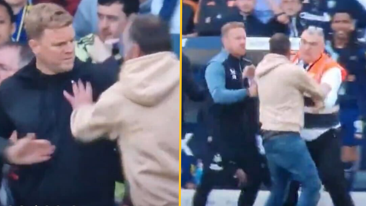 Eddie Howe confronted by pitch invader during Leeds v Newcastle