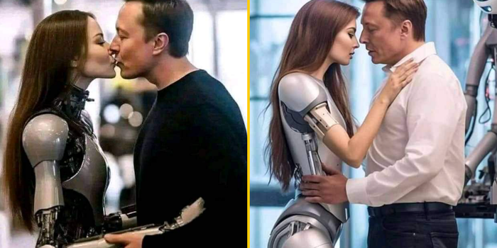 Bizarre Photo Of Elon Musk Kissing A Robot Leaves Internet Baffled