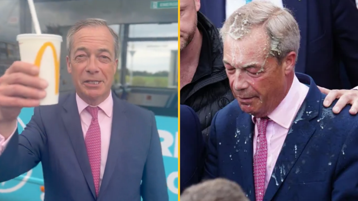 Nigel Farage responds after having milkshake thrown all over him