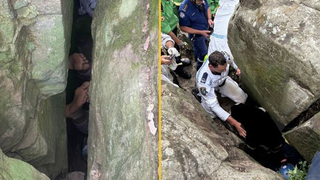 Woman trapped upside down between boulders for seven hours after trying ...